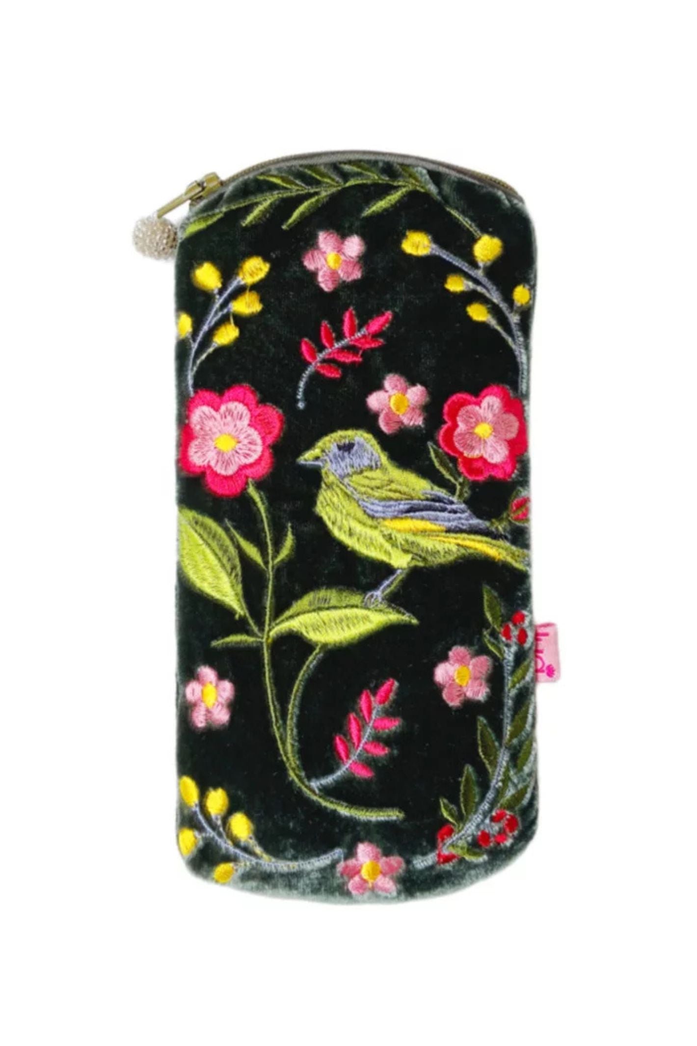Lua Olive Embroidered Bird Zipped Velvet Glasses Case – Experience Boutique