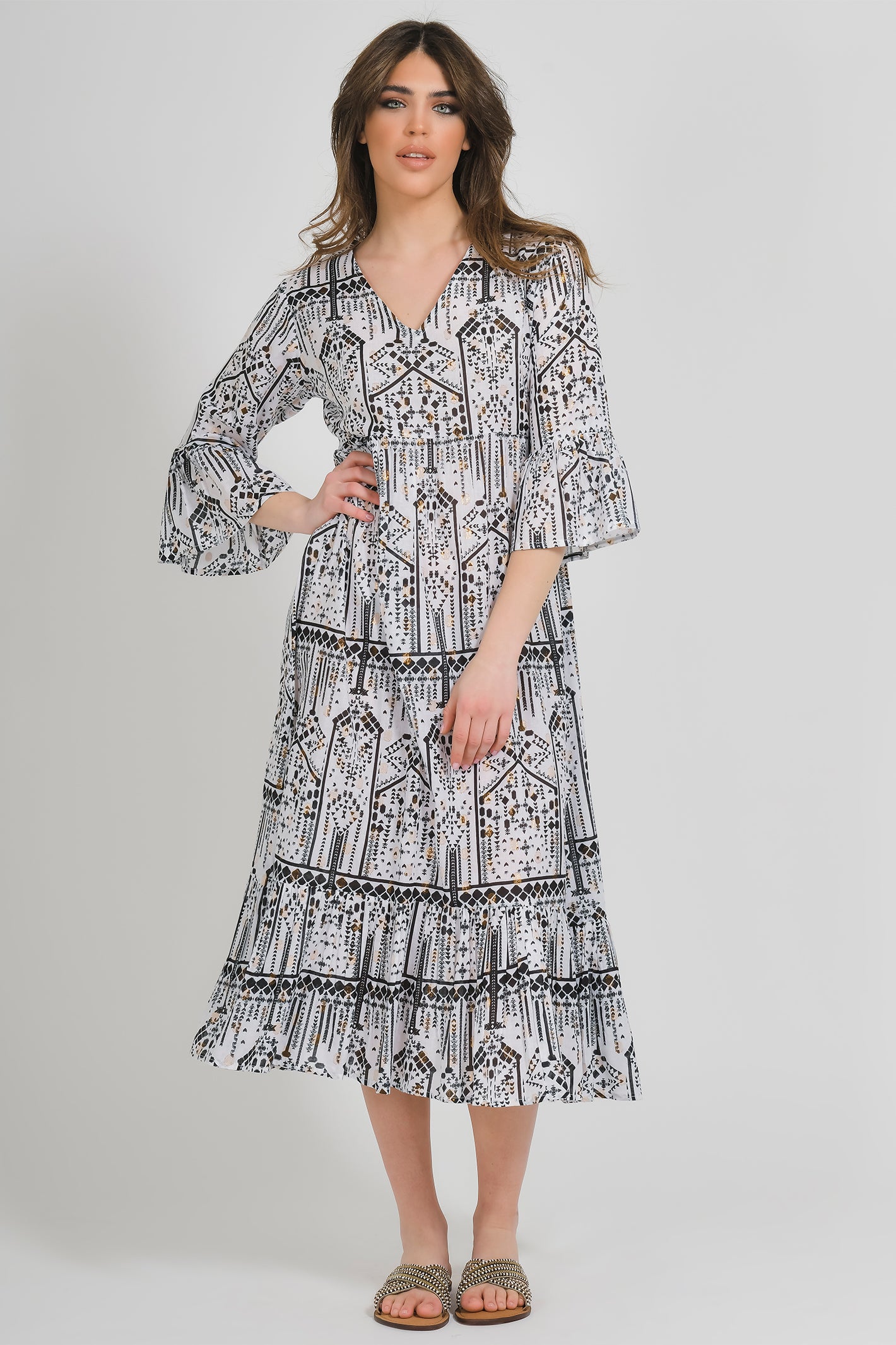 Ble Dress White Print Bell Sleeve Dress 5-41-065-0001 – Experience Boutique