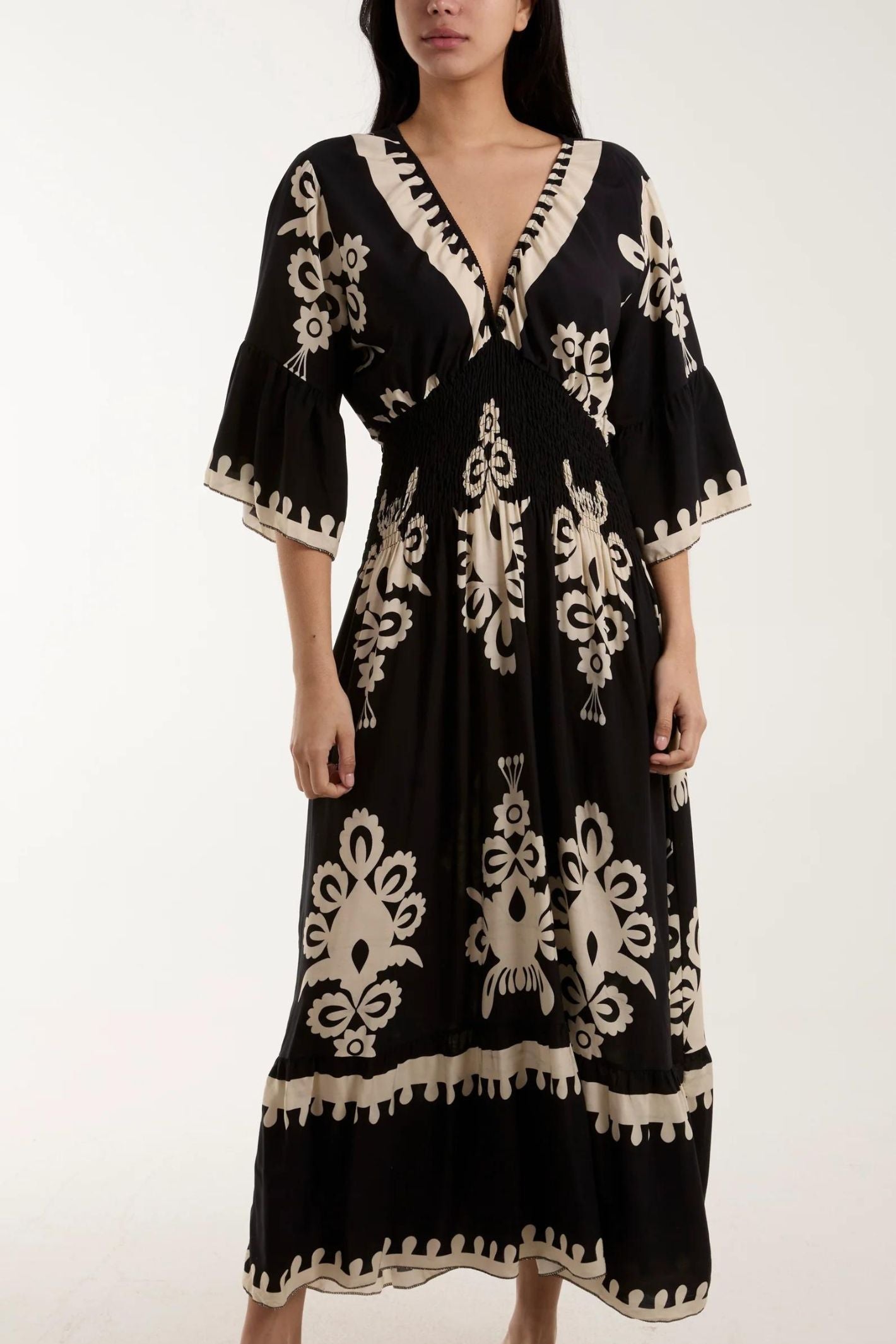 Black Filigree Print Shirred Bodice V-Neck Maxi Dress – Experience Boutique