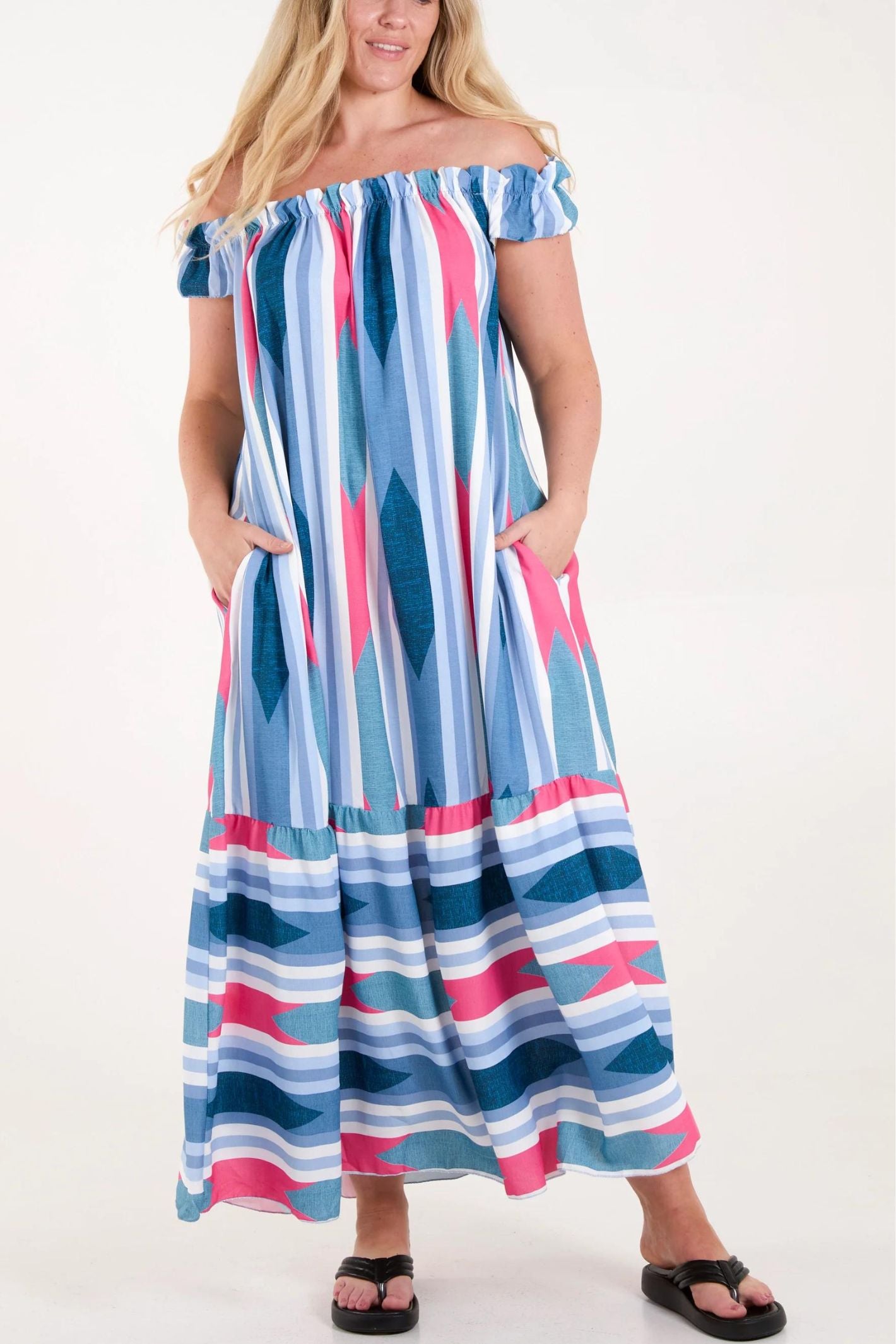 Blue Aztek Print Bardot Maxi Dress – Experience Boutique