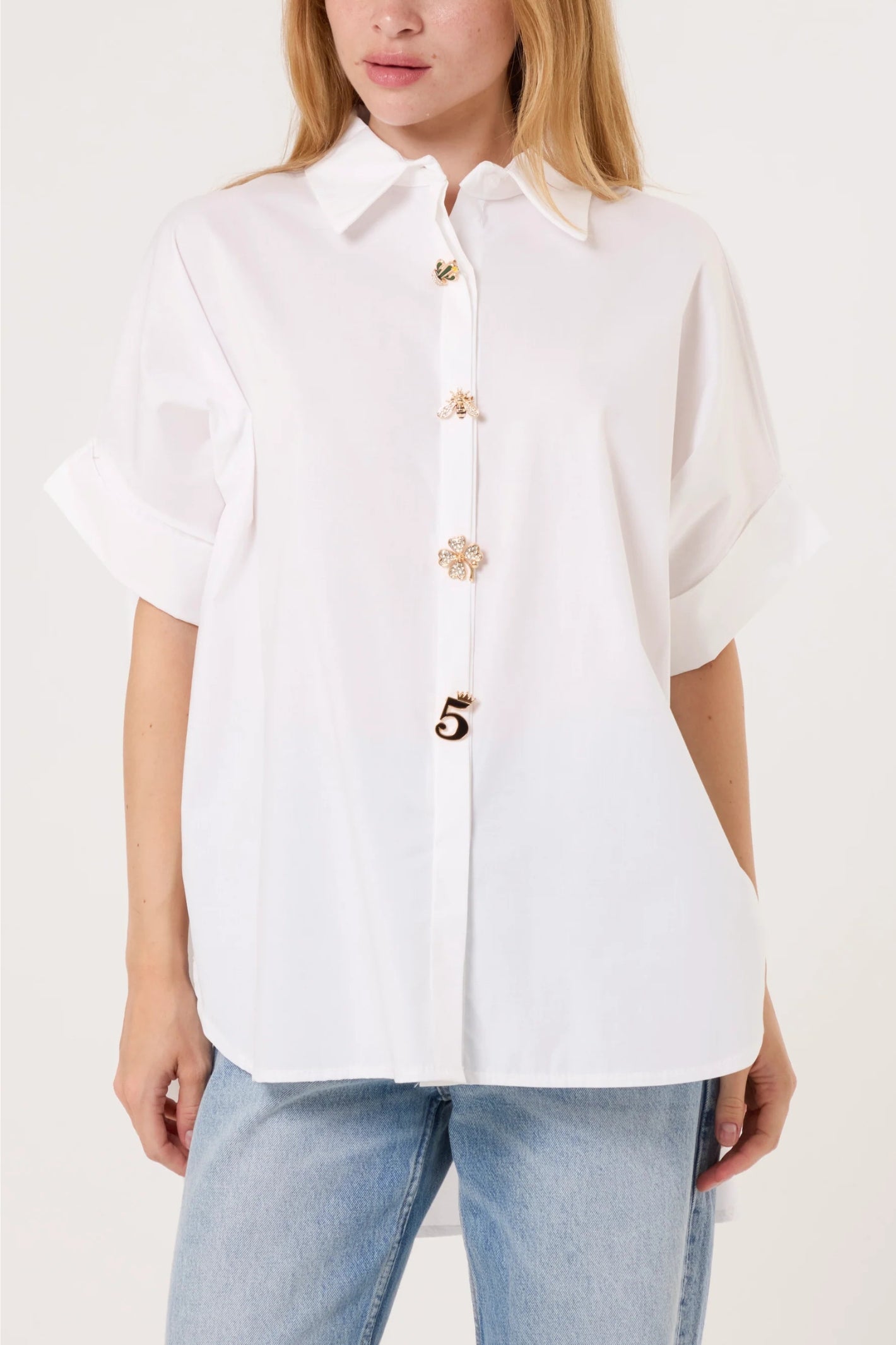 Diamante Broach White 3/4 Sleeve Shirt – Experience Boutique