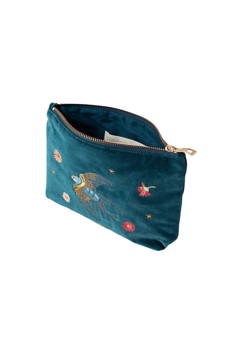 Elizabeth Scarlett Teal Swallows Velvet Mini Pouch Experience Boutique