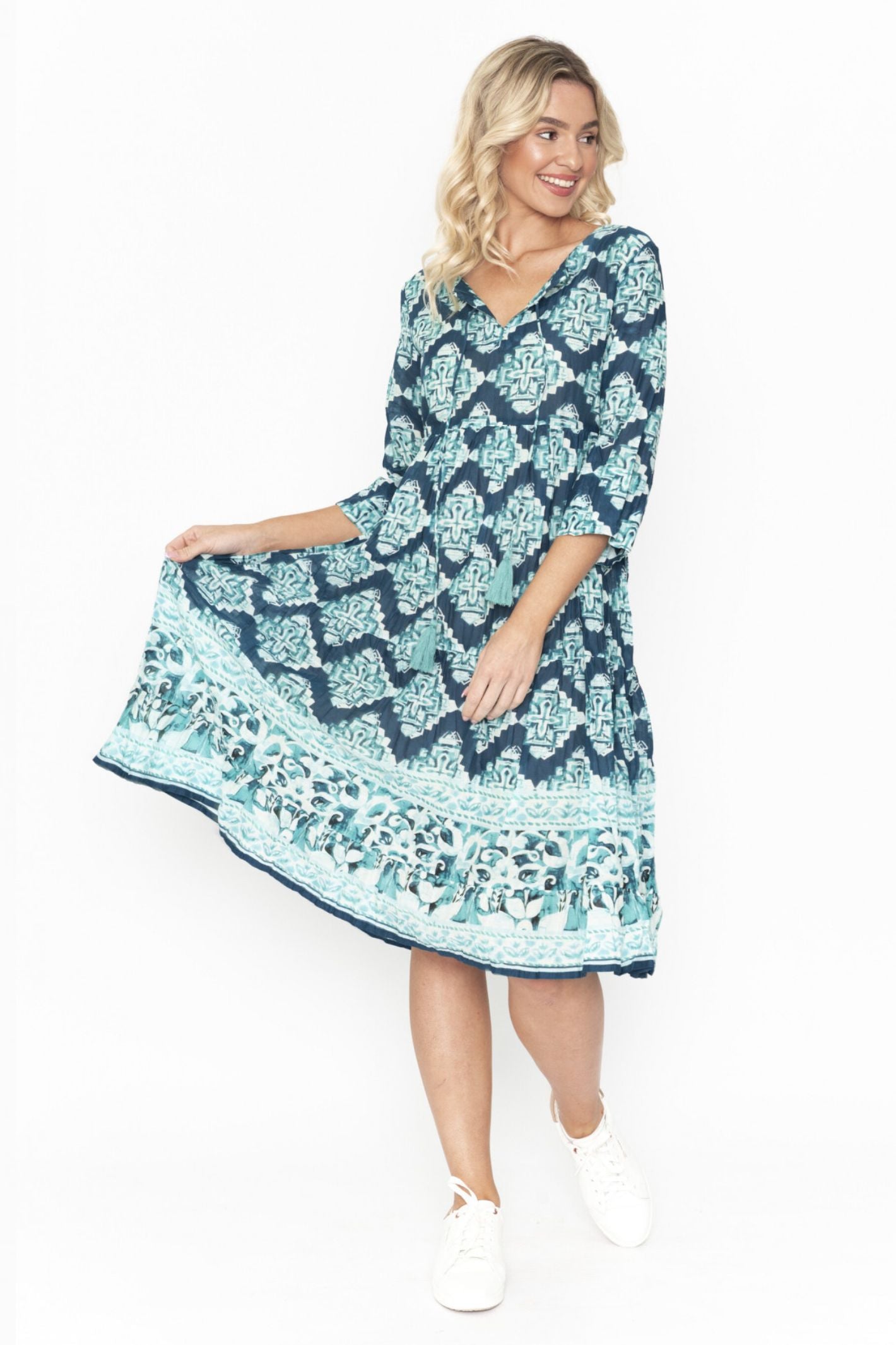 One Summer DW48E Teal Rebecca Tie Detail Smock Dress – Experience Boutique