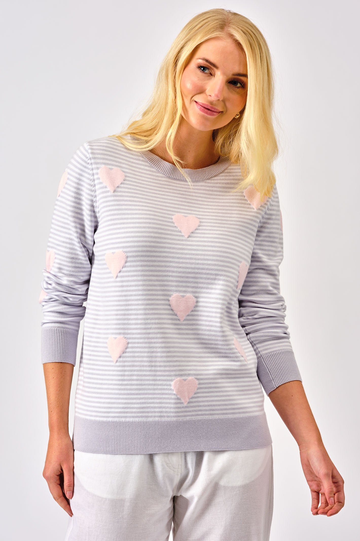 Alice Collins Lola Stripe Heart Round Neck Sweater Dusky Grey 034S118 ...
