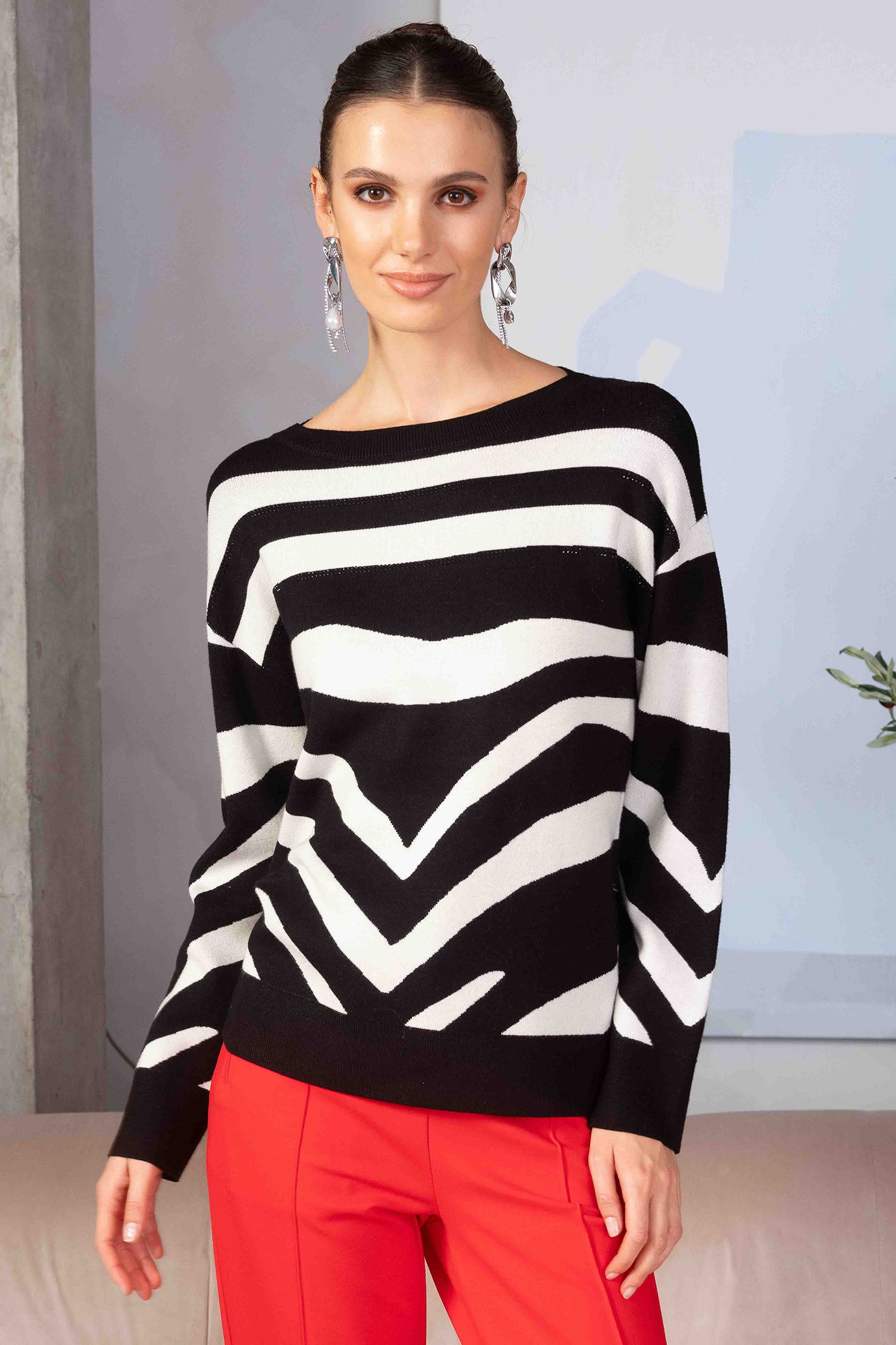 Alison Sheri 44187 Monochrome Stripe Knit Wide Neck Jumper – Experience ...