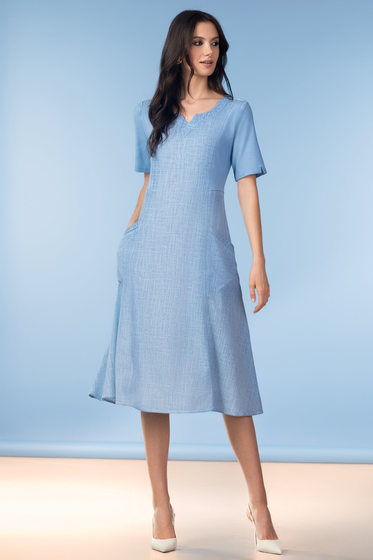 Alison Sheri A47060 Blue Linen Mix Panel Dress – Experience Boutique