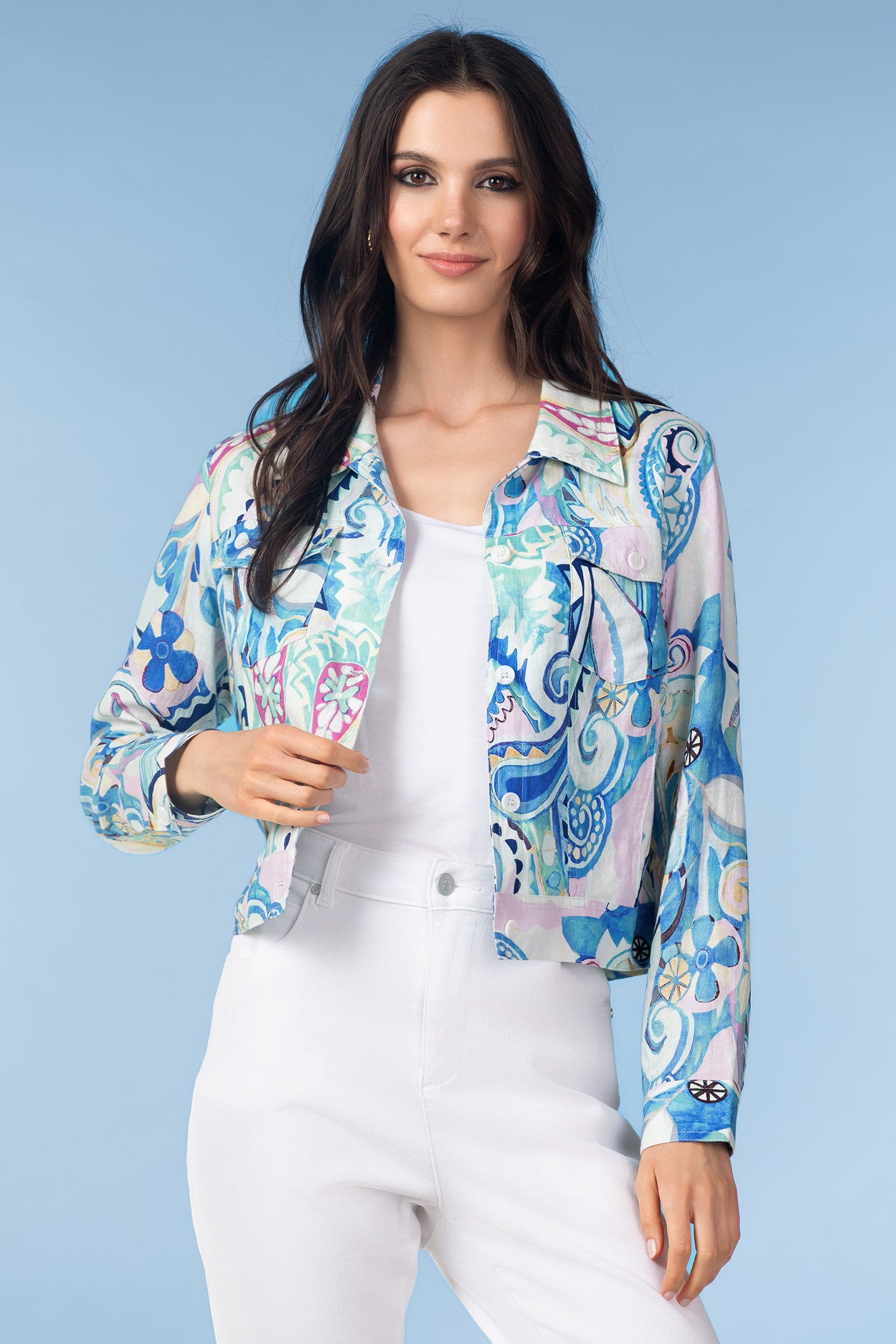 Alison Sheri A47185 Blue Paisley Print Jacket – Experience Boutique