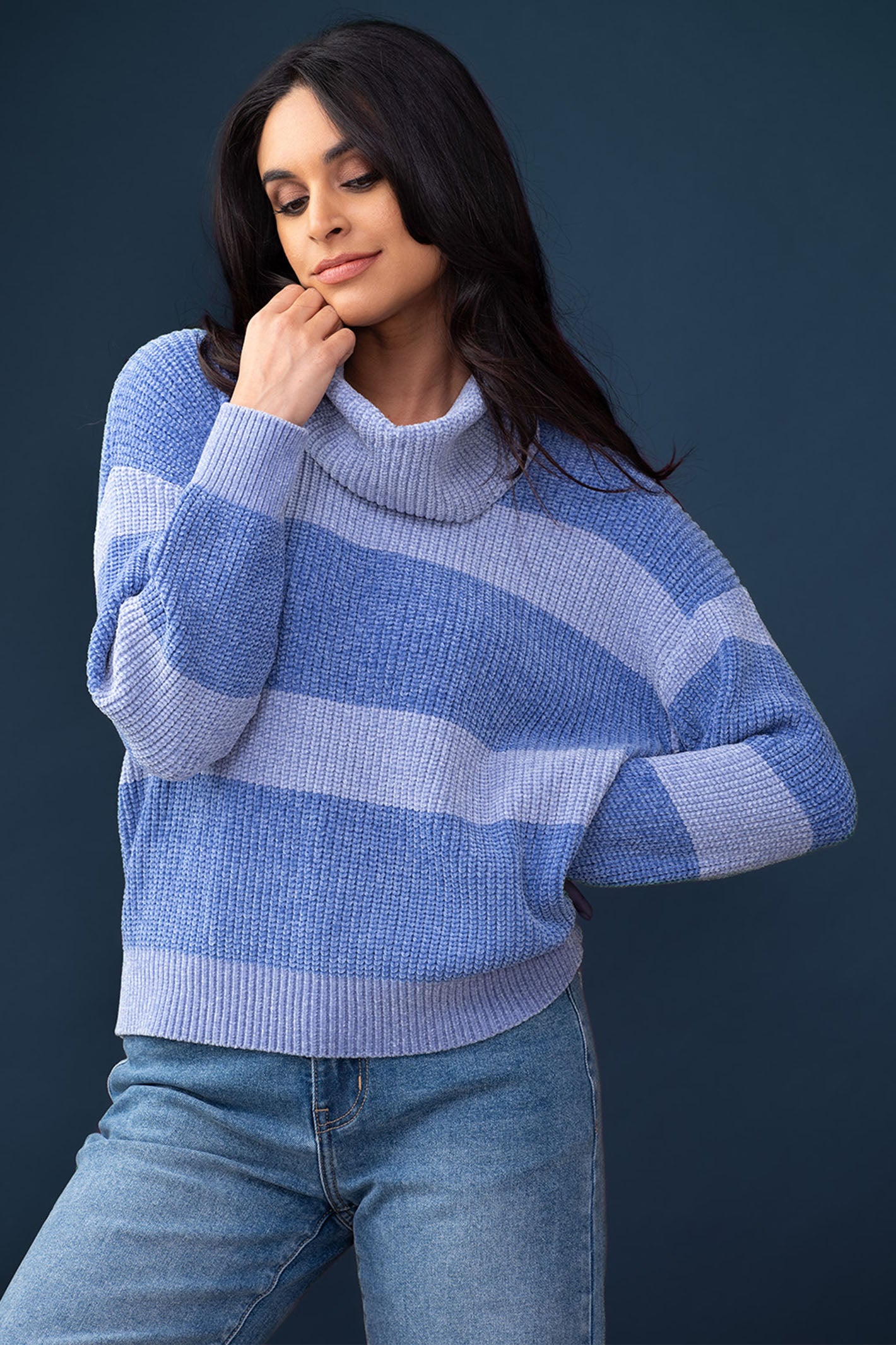 Elena Wang EW33125 Blue Two Tone Stripe Knit Jumper Separate Collar ...