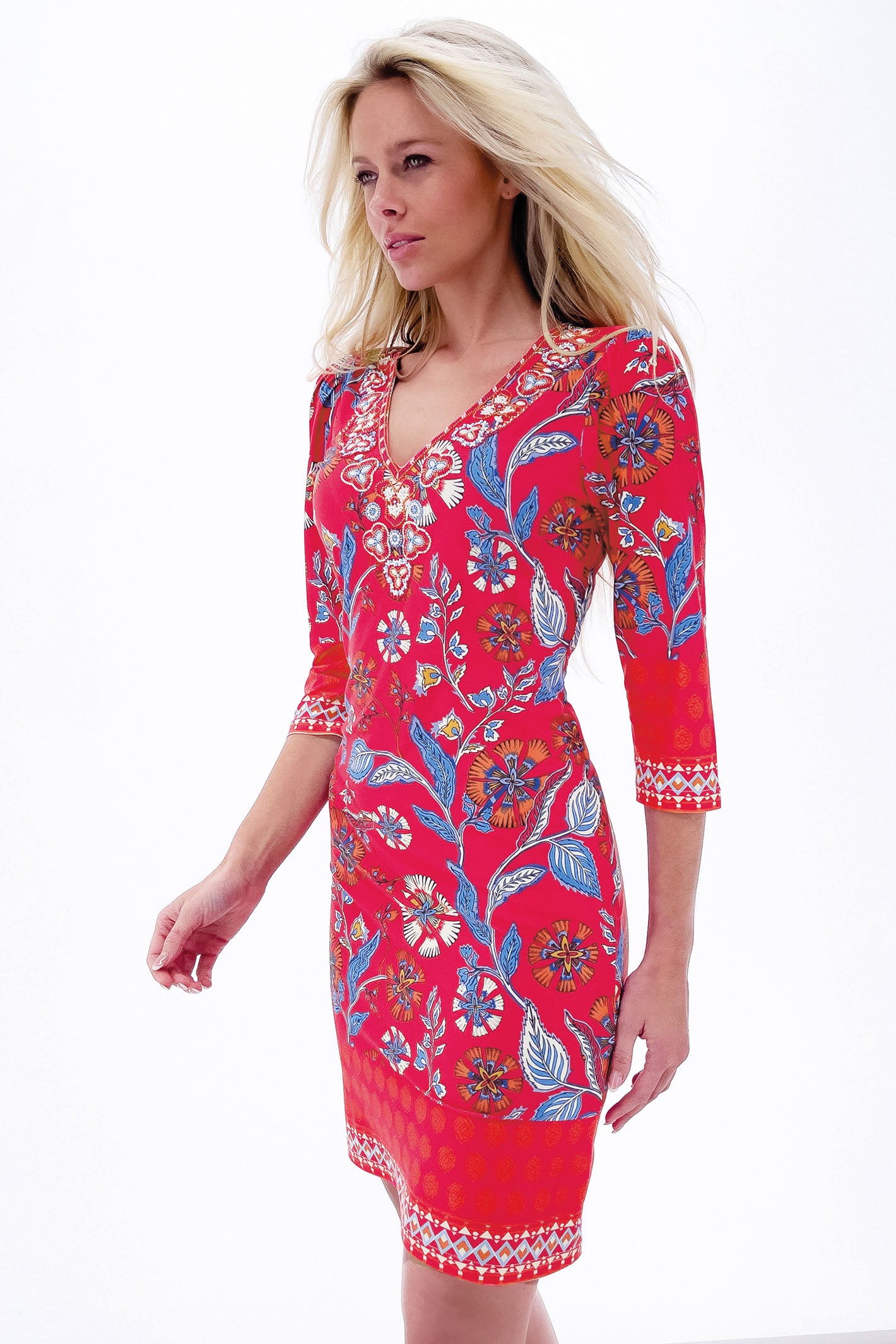 K Design Y256 P905 Pink Print Beaded V-Neck Dress – Experience Boutique