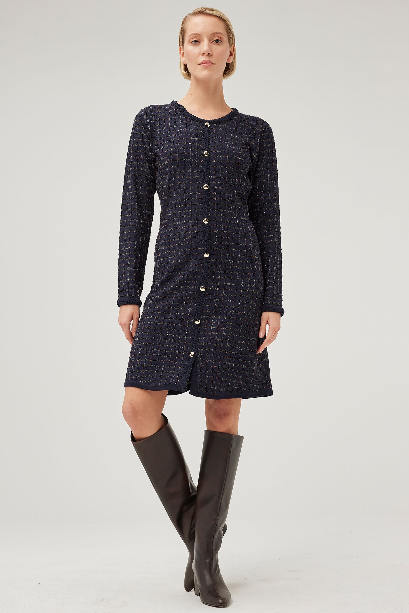 Leo & Ugo AWR499 Amanda Navy Check Knitted Dress – Experience Boutique