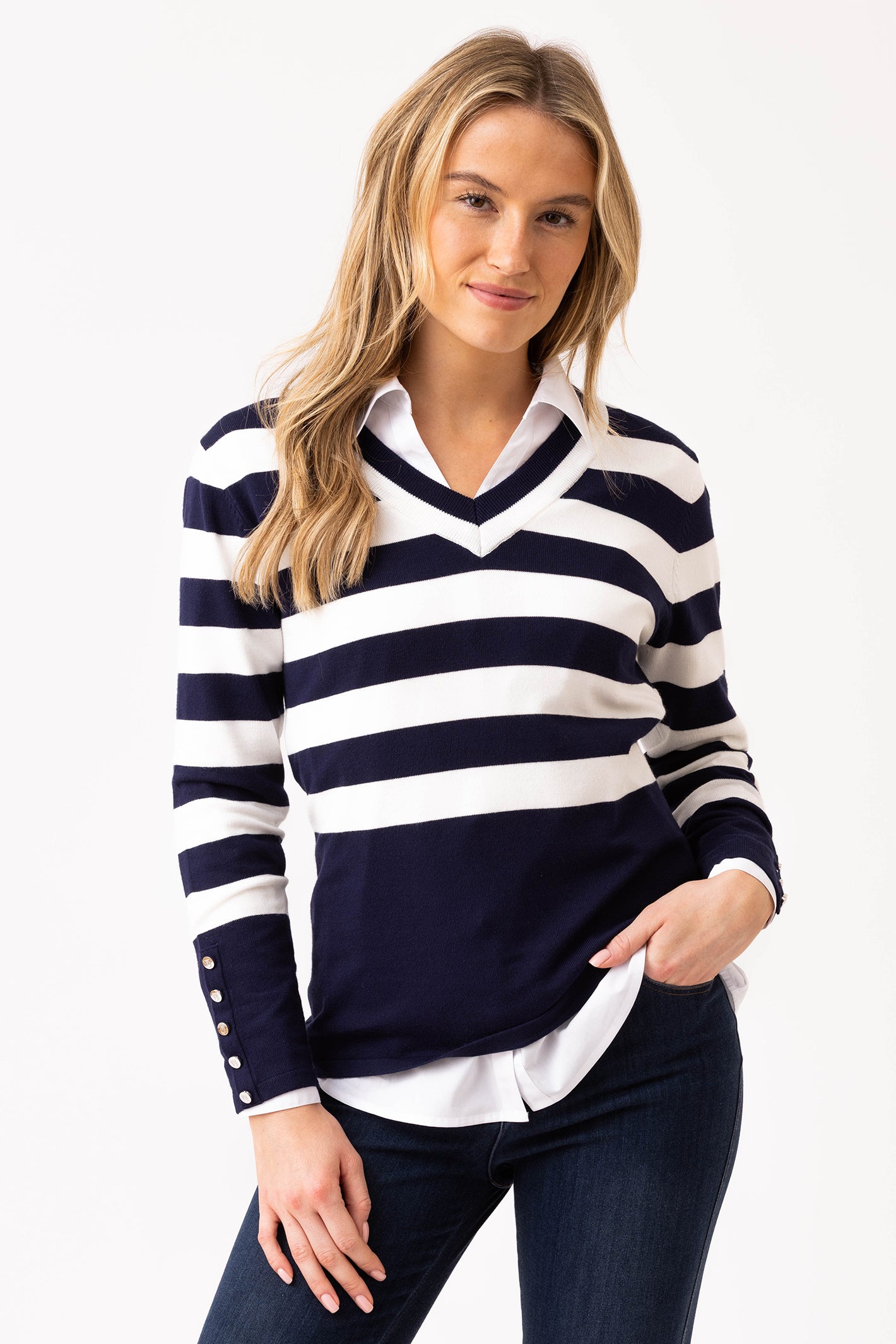 Marble Fashions 8018 Navy White Stripe Jumper 103 – Experience Boutique