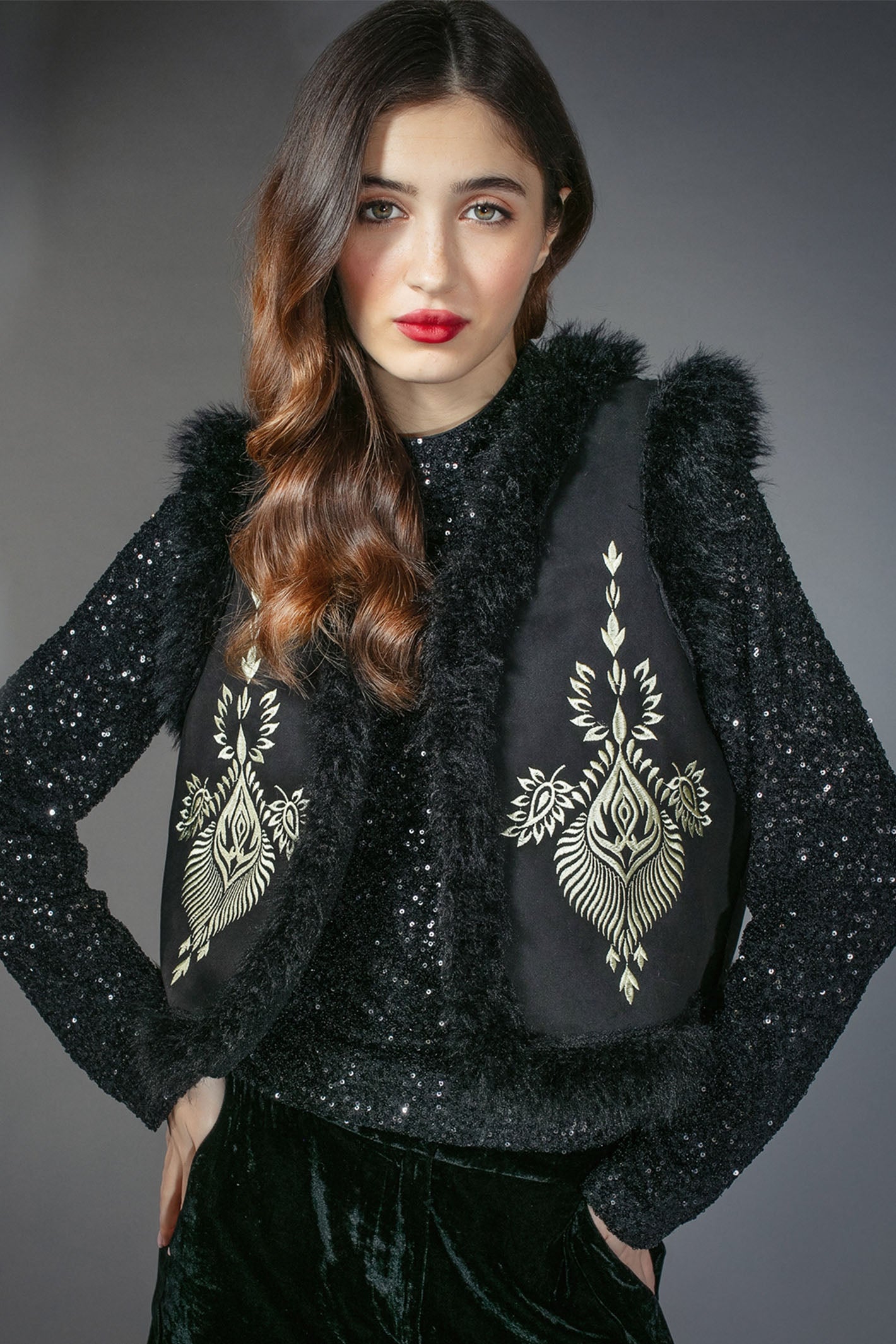 Nooki Black Stasia Faux Fur Embroidered Gilet - All That Glitters Coll ...