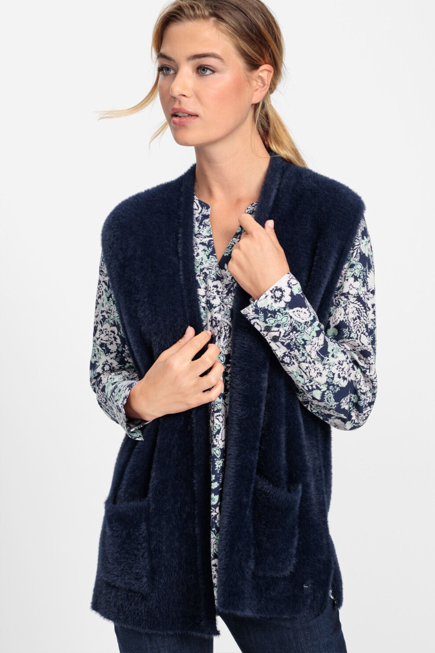 Olsen 11004478 Ink Blue Fluffy Knit Gilet Cardigan – Experience Boutique