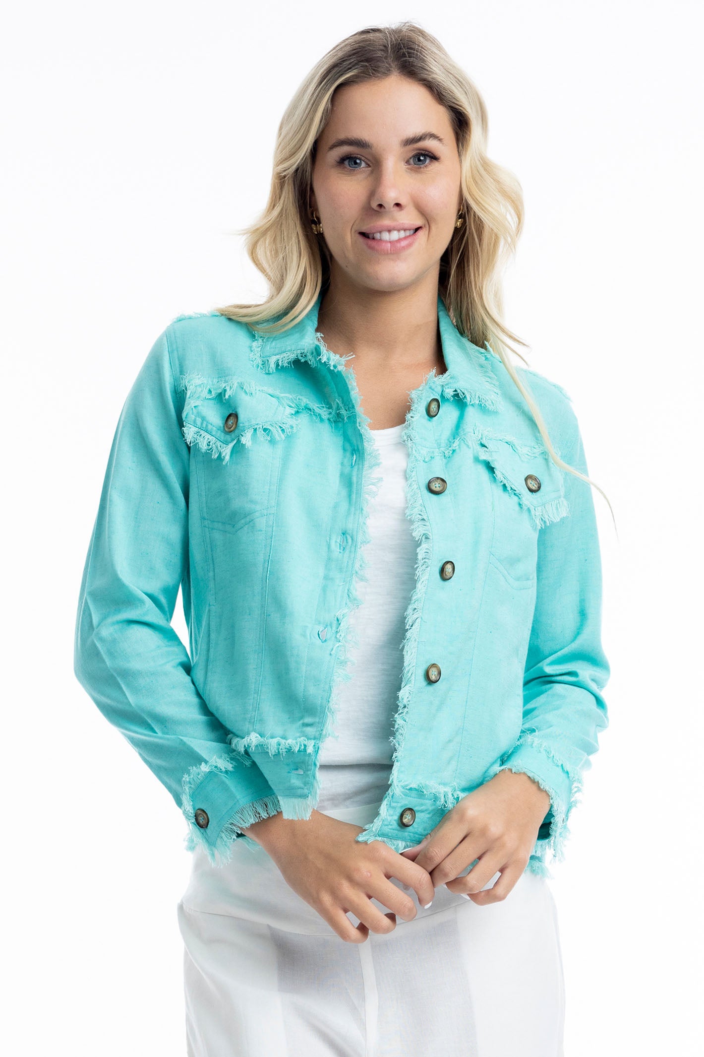 Orientique Aqua Blue Frayed Edge Summer Jacket 42118 – Experience Boutique