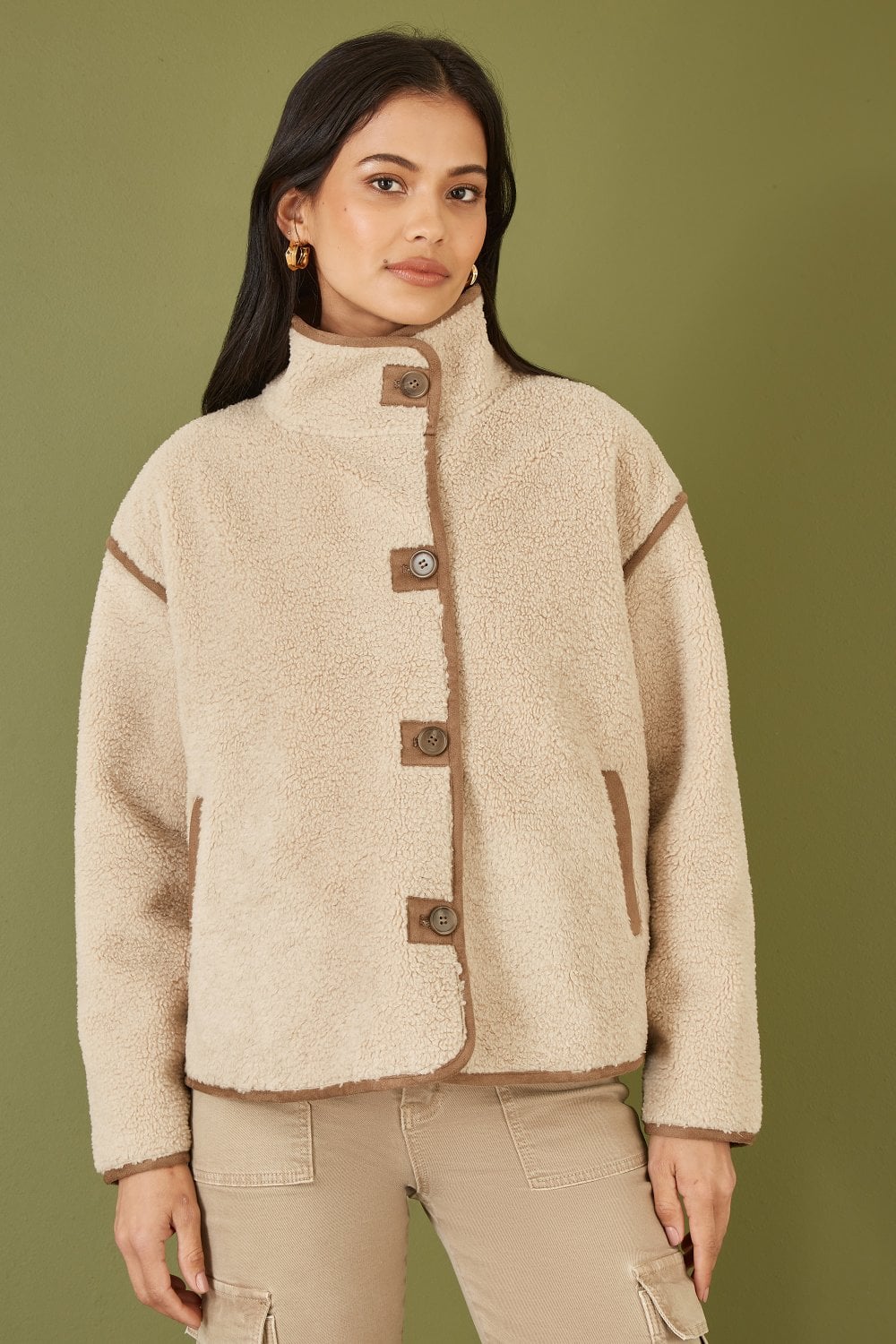 Yumi Cream Borg High Neck Jacket With Faux Leather Trims – Experience ...