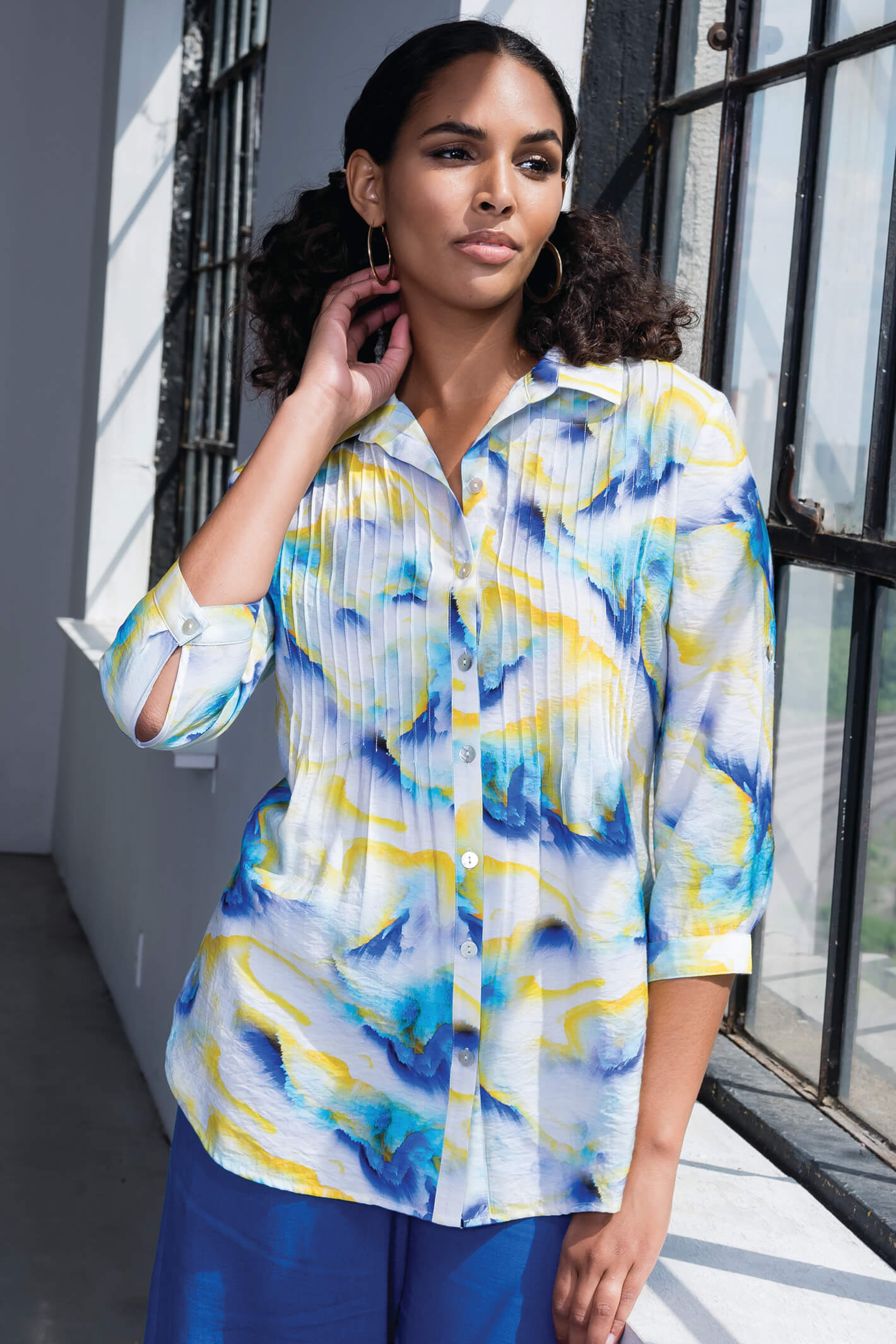 Alison Sheri A41428 Blue & Yellow Watercolour Shirt – Experience Boutique