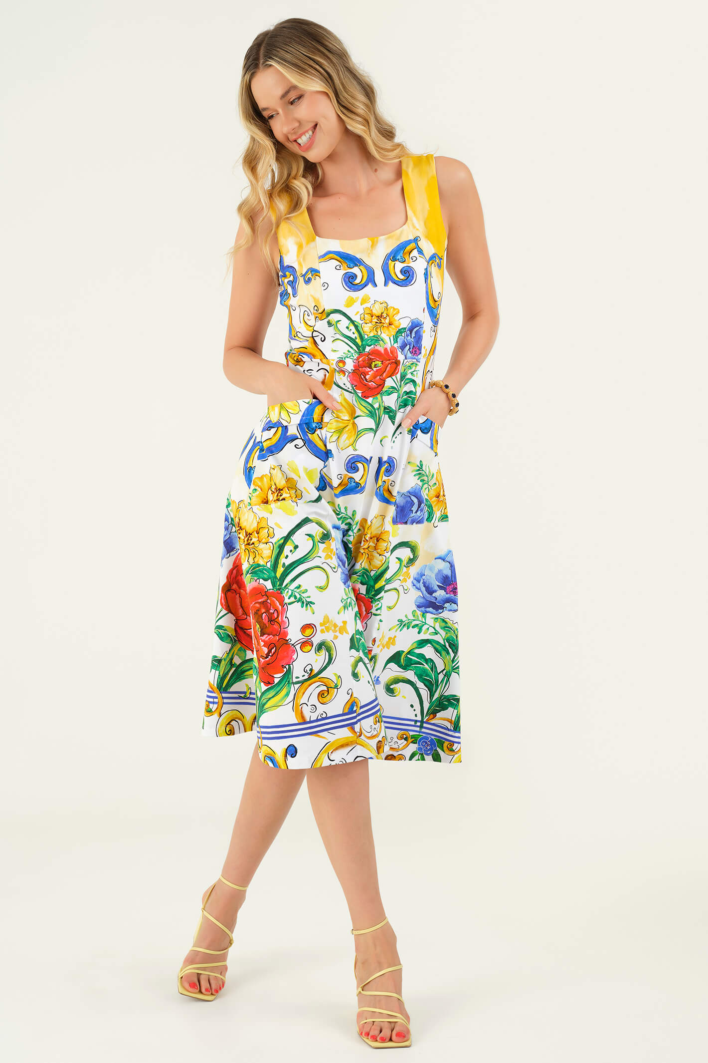 Dolcezza 23140 Yellow Filigree Print Sun Dress – Experience Boutique