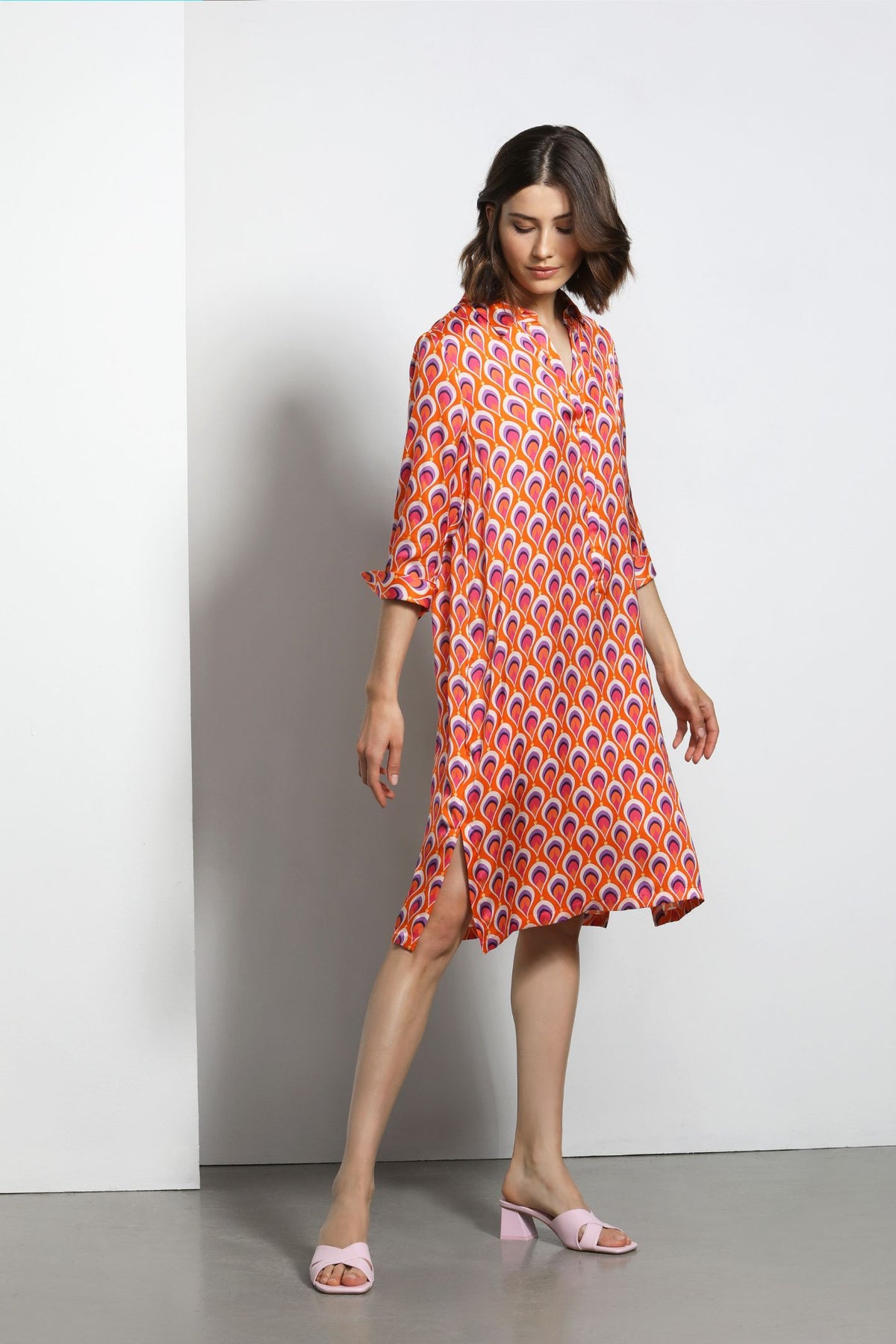 Erfo 8518009-00 Orange Peacock Print Shirt Dress – Experience Boutique