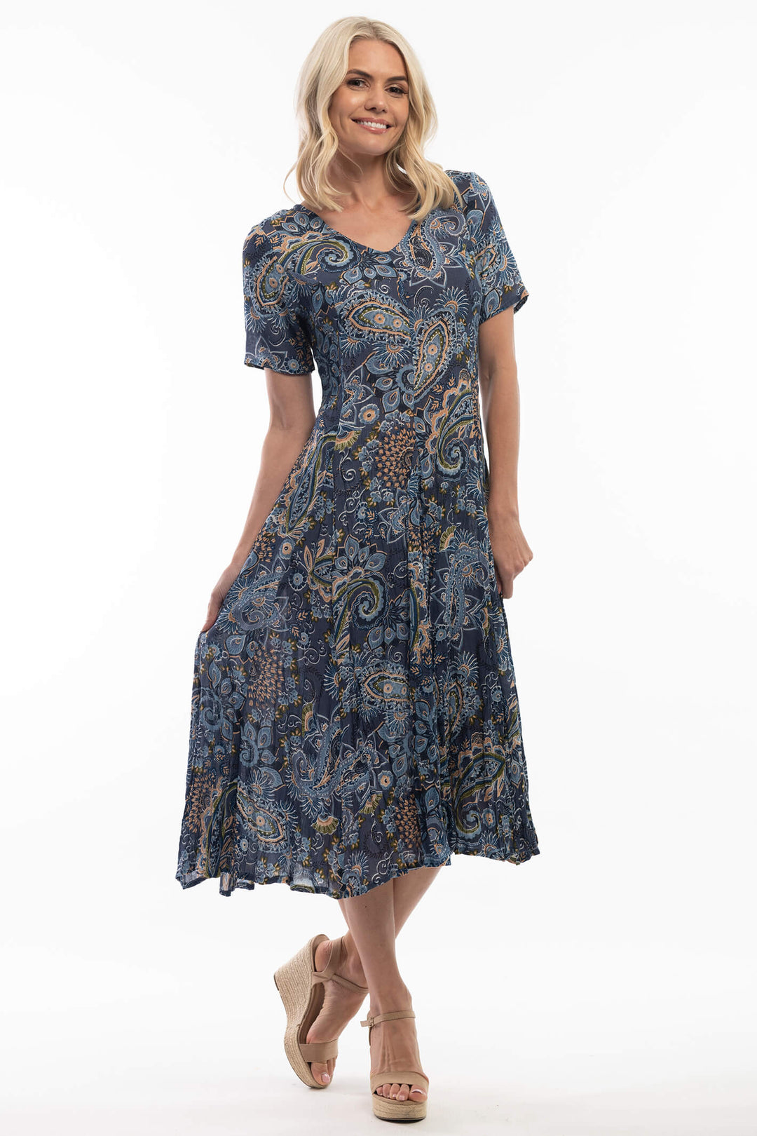 Orientique 3113 Blue Lamu Print Godet Sleeve Dress – Experience Boutique